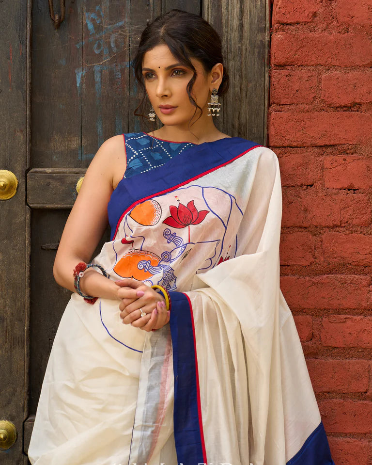 Hand-painted Pichwai inspired elegance on ivory chanderi saree ...