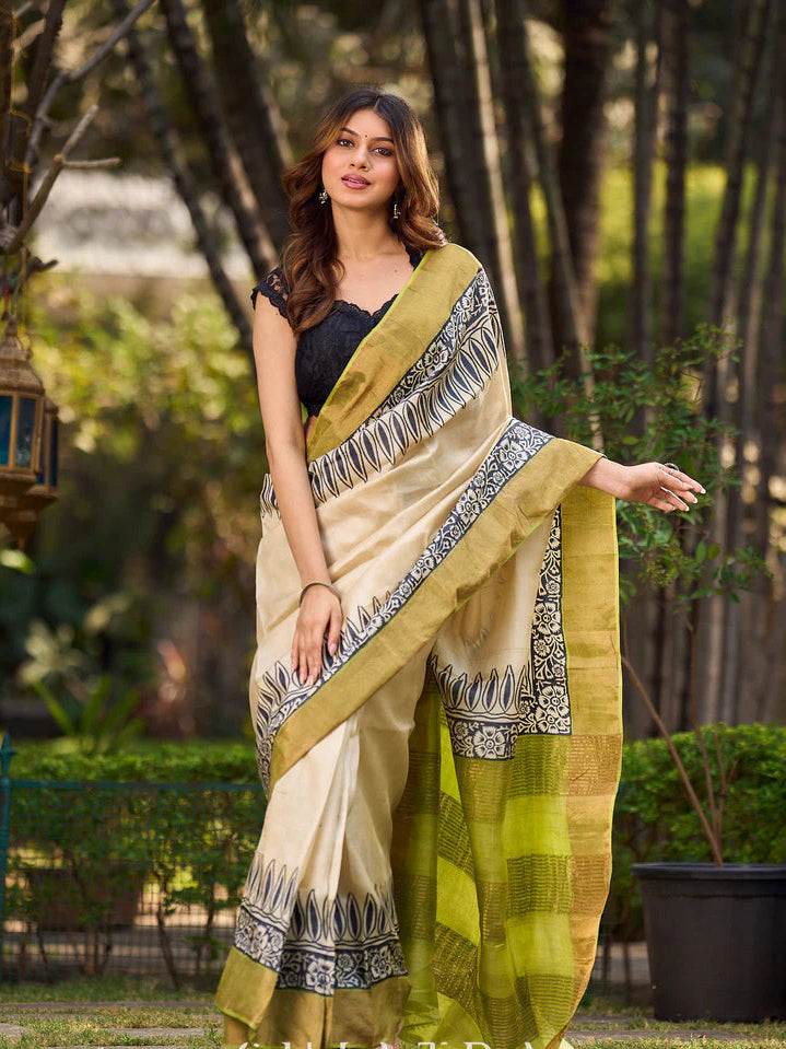 Off-White Handwoven Pure Tussar Silk Block Printed Saree with Traditio ...
