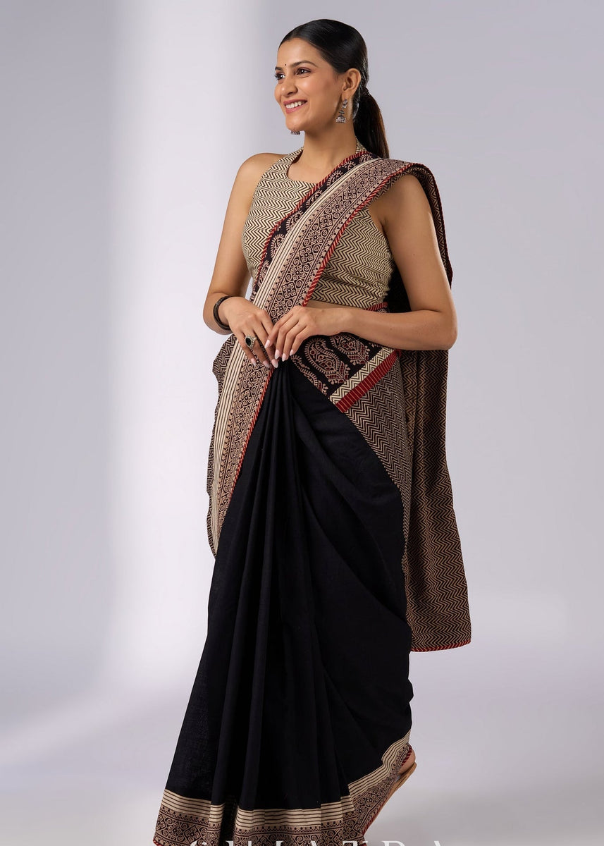Ajrakh combination cotton saree with floral Ajrakh borders ...