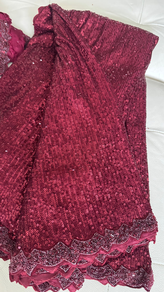 Maroon Sequin Saree with Lace Sequin border – ShopBollyWear.Com