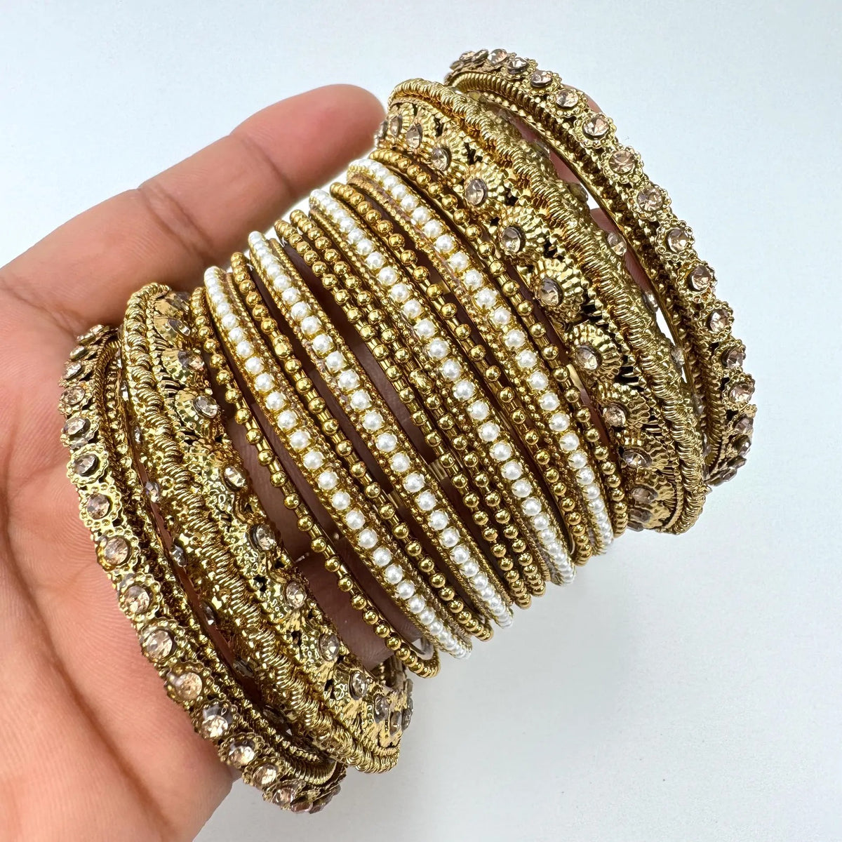 Stone Pearl Dull Gold Finished Bangles Set – ShopBollyWear.Com