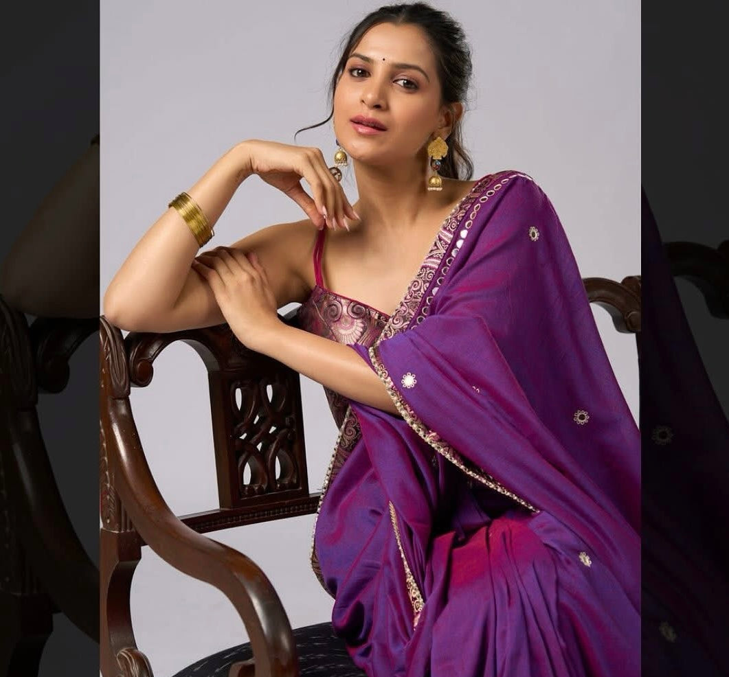 Vi]olet cotton two tone saree with hand embroidery and Benarasi border ...