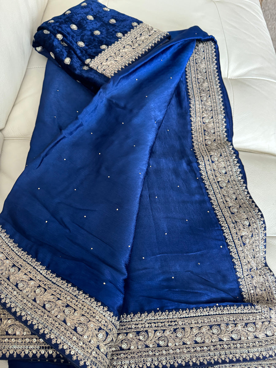 Deep Midnight Blue Satin Mukesh Work Saree with Antique Zari Embroider ...