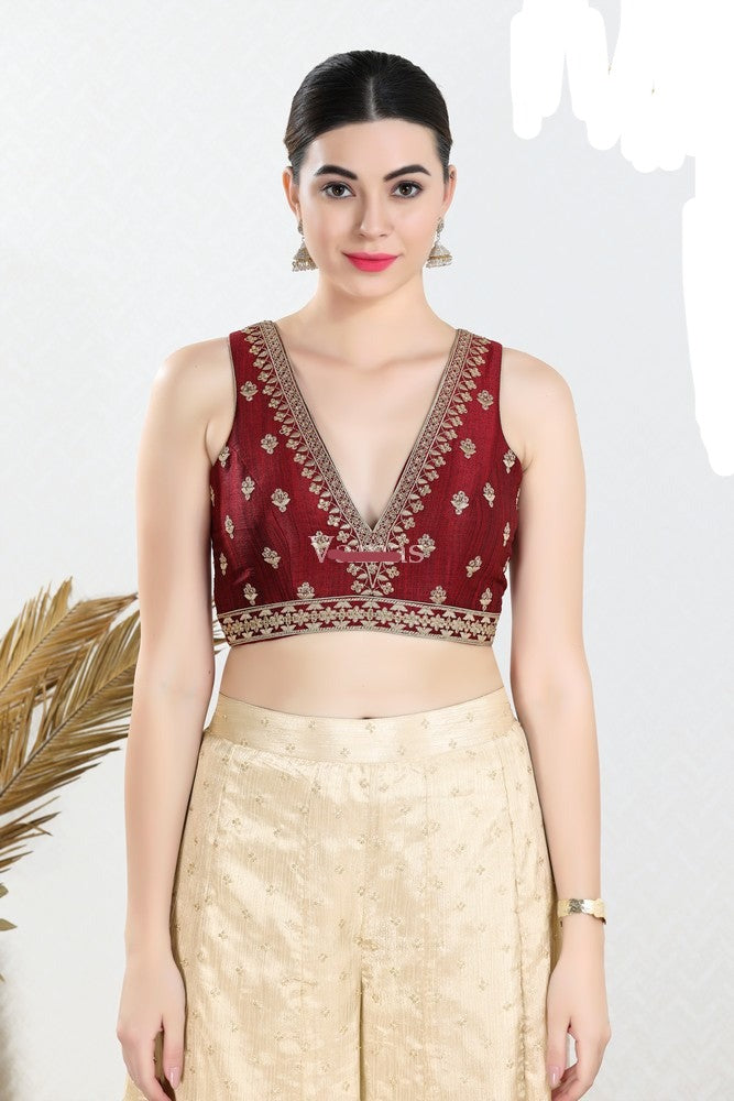 Readymade Mulbury Silk Padded Back Open Sleeveless Maroon Saree Blouse ...