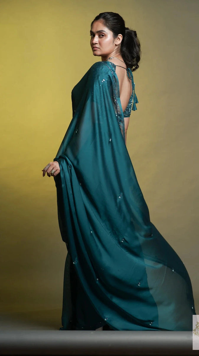 Azure Teal Blue Cocktail Georgette Saree – ShopBollyWear.Com