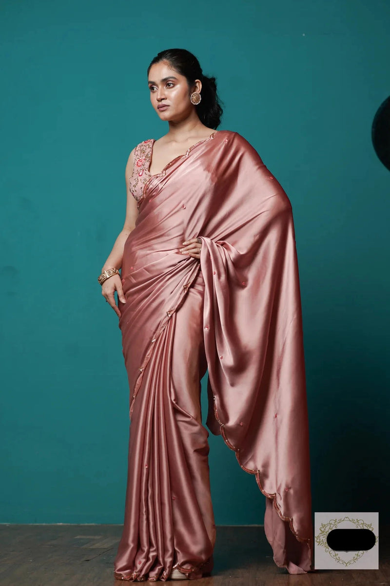 Rose Gold Satin Silk Sundowner Cocktail Saree – ShopBollyWear.Com