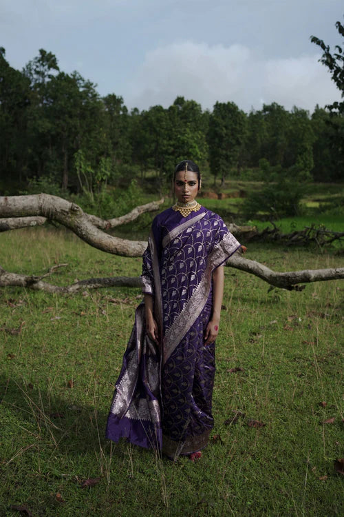 Evening Blue Handwoven Katan Banarasi Saree with Jaal Pattern and Flor ...