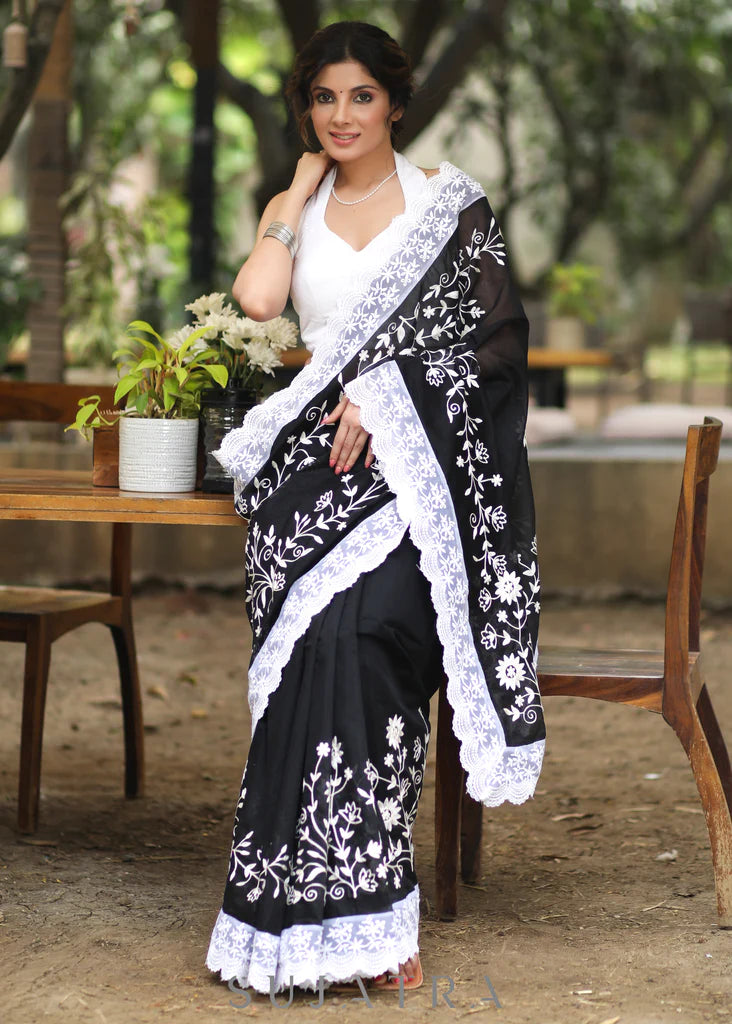 BLACK CHANDERI SAREE WITH BEAUTIFUL WHITE EMBROIDERY & DELICATE BORDER ...
