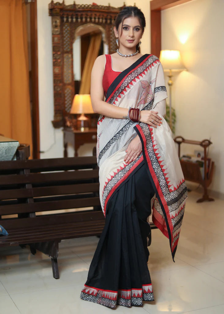 BLACK CHANDERI SAREE WITH ELEGANT HAND PAINTED PALLU AND BORDER ...