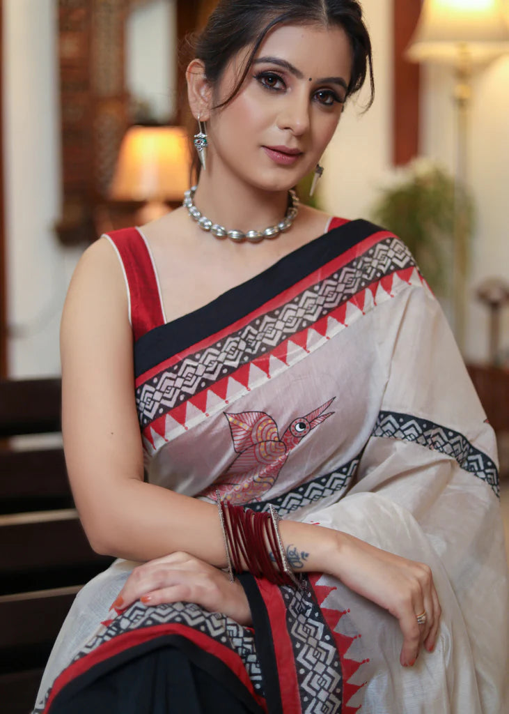 BLACK CHANDERI SAREE WITH ELEGANT HAND PAINTED PALLU AND BORDER ...
