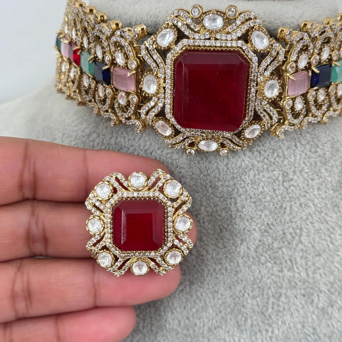 Multi Victorian Doublet Moissanite polki CZ diamond choker Necklace ...