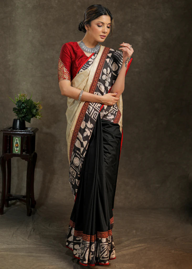 SHEEK BLACK ASSAM SILK SAREE WITH CREME PALLU AND BATIK BORDER ...