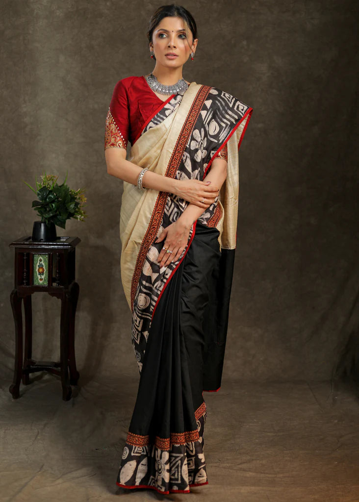 SHEEK BLACK ASSAM SILK SAREE WITH CREME PALLU AND BATIK BORDER ...