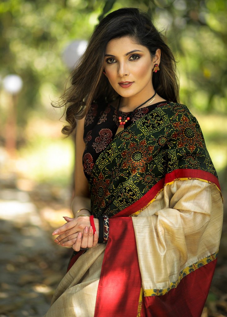 AJARKH & PURE TASSAR SILK COMBINATION SAREE WITH BLACK COTTON AJRAKH P ...