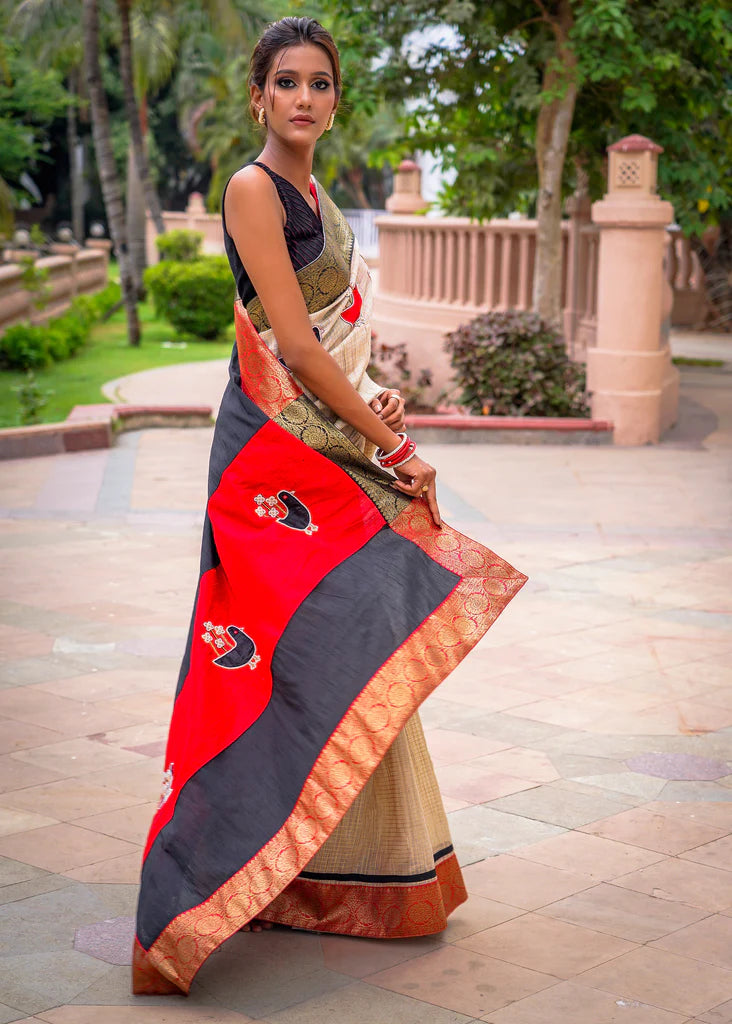 CHECKED ZARI BORDER SEMI-SILK SAREE WITH APPLIC HAND EMBROIDERY ...